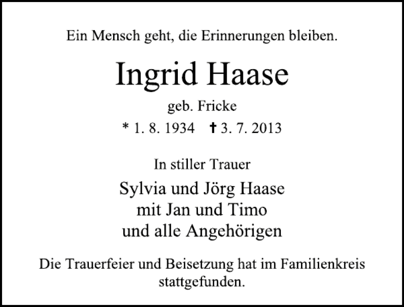 Traueranzeigen von Ingrid Haase | Trauerportal Ihrer Tageszeitung