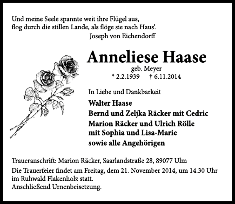 Traueranzeigen von Anneliese Haase | Trauerportal Ihrer Tageszeitung