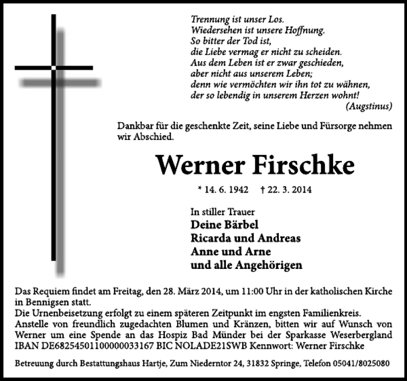 Traueranzeigen von Werner Firschke | Trauerportal Ihrer Tageszeitung