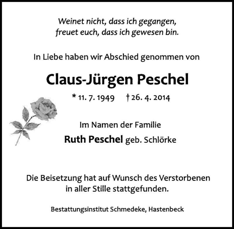 Traueranzeigen von Claus-Jürgen Peschel | Trauerportal Ihrer Tageszeitung