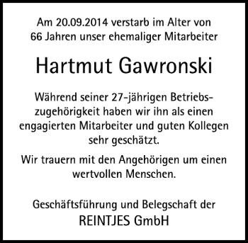 Traueranzeigen von Nachruf Hartmut Gawronski | Trauerportal Ihrer ...