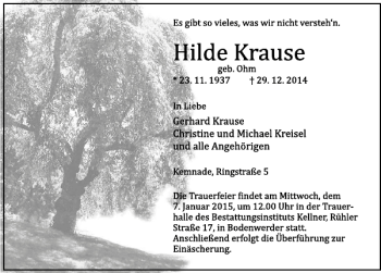 Traueranzeigen von Hilde Krause | Trauerportal Ihrer Tageszeitung