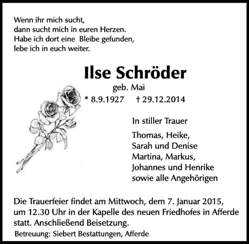 Traueranzeigen von Ilse Schröder | Trauerportal Ihrer Tageszeitung