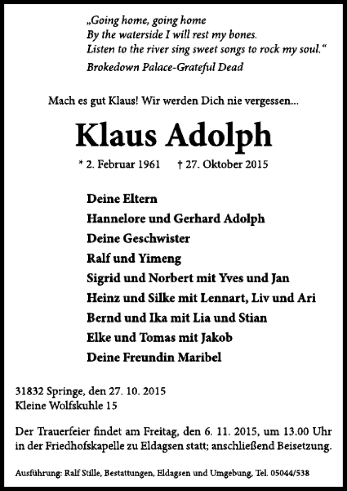 Traueranzeigen von Klaus Adolph | Trauerportal Ihrer Tageszeitung