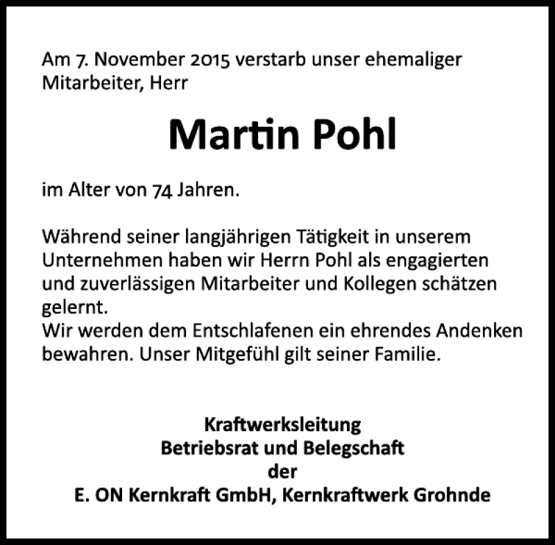 Traueranzeigen von Martin Pohl | Trauerportal Ihrer Tageszeitung