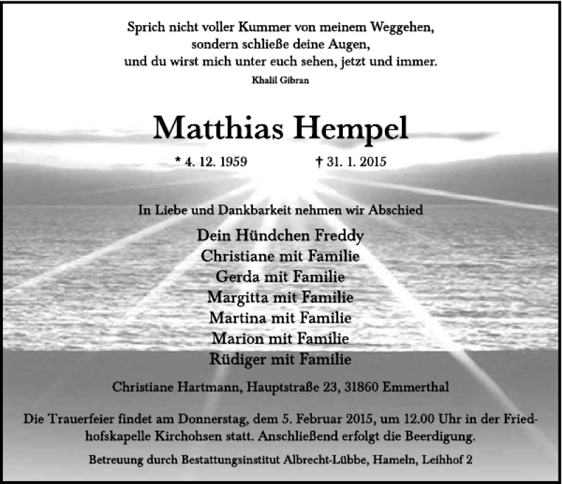 Traueranzeigen von Matthias Hempel | Trauerportal Ihrer Tageszeitung