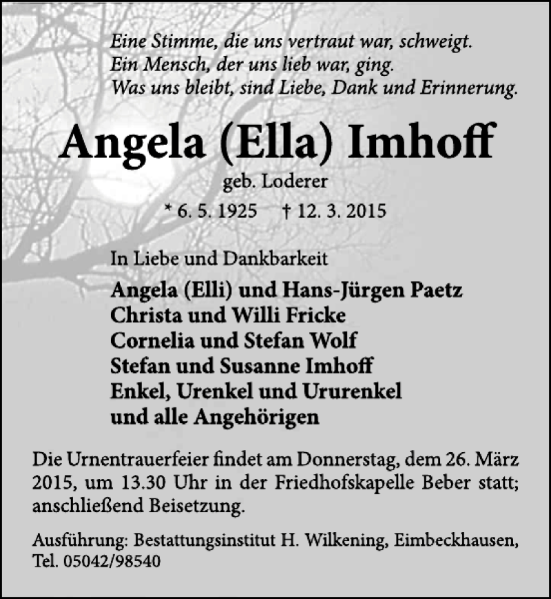 Traueranzeigen von Angela (Ella) Imhoff | Trauerportal Ihrer Tageszeitung