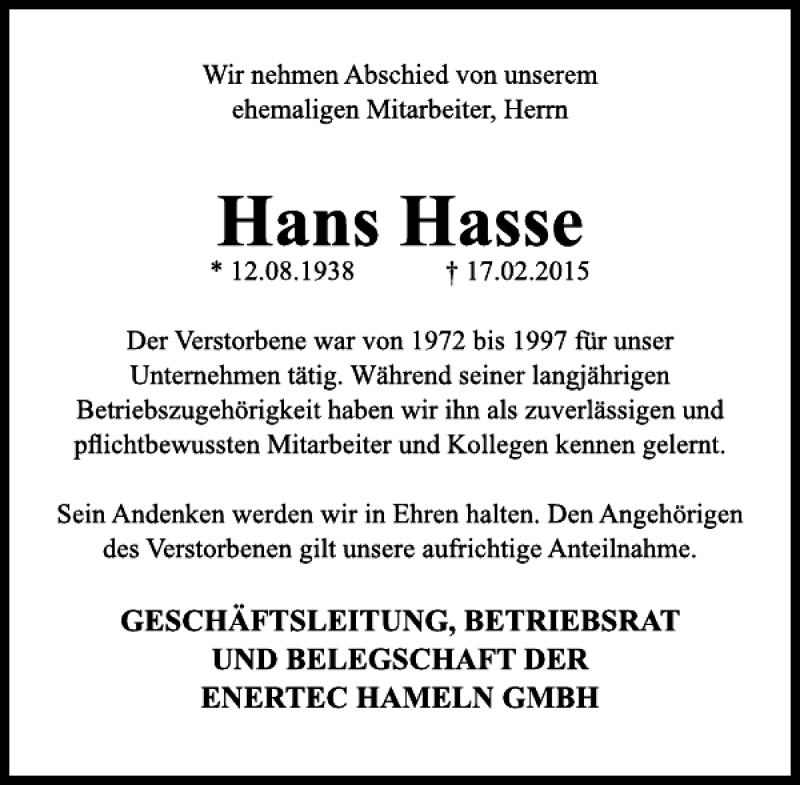 Traueranzeigen von Hans Hasse | Trauerportal Ihrer Tageszeitung
