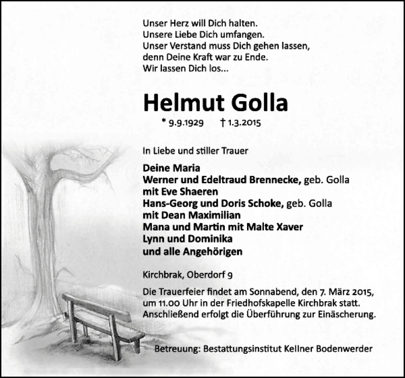 Traueranzeigen von Helmut Golla | Trauerportal Ihrer Tageszeitung