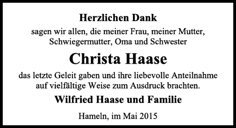 Traueranzeigen von Christa Haase | Trauerportal Ihrer Tageszeitung