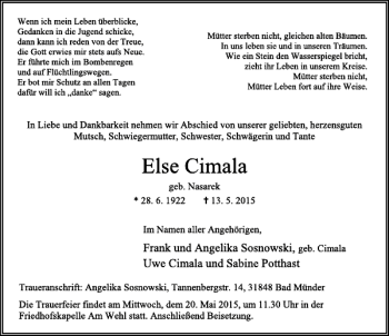 Traueranzeigen von Else Cimala | Trauerportal Ihrer Tageszeitung