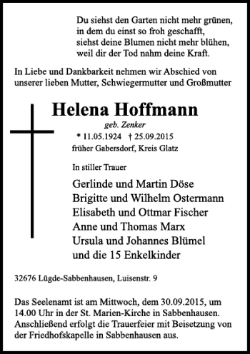 Traueranzeigen von Helena Hoffmann | Trauerportal Ihrer Tageszeitung