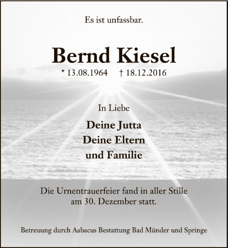 Traueranzeigen von Bernd Kiesel | Trauerportal Ihrer Tageszeitung