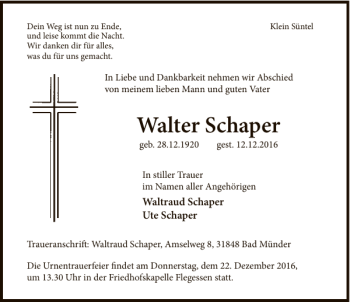 Traueranzeigen von Walter Schaper | Trauerportal Ihrer Tageszeitung