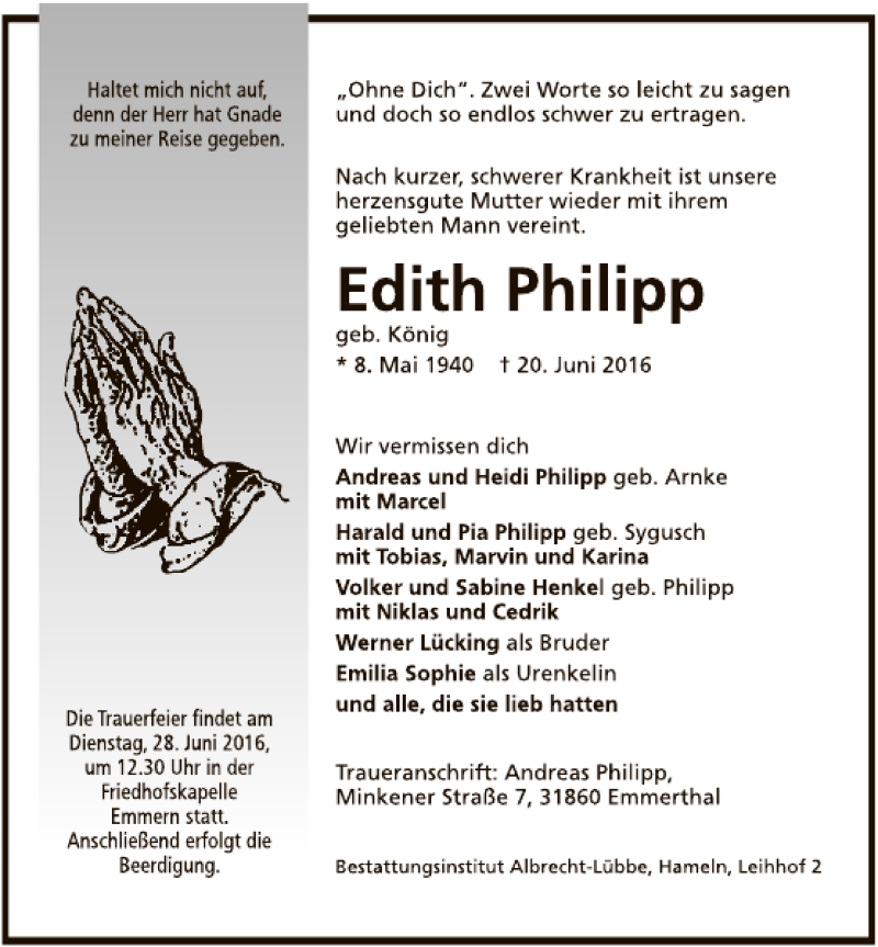 Traueranzeigen von Edith Philipp | Trauerportal Ihrer Tageszeitung