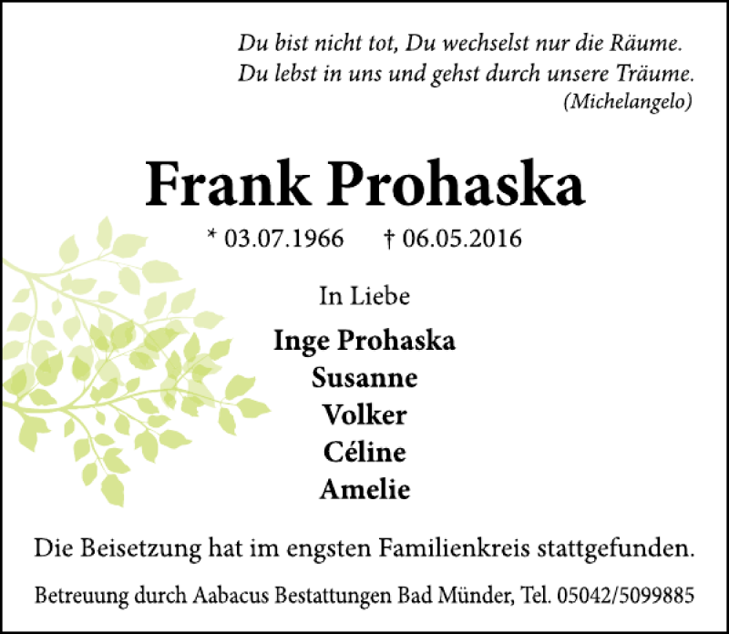 Traueranzeigen von Frank Prohaska | Trauerportal Ihrer Tageszeitung