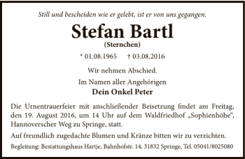 Traueranzeigen von Stefan Bartl | Trauerportal Ihrer Tageszeitung