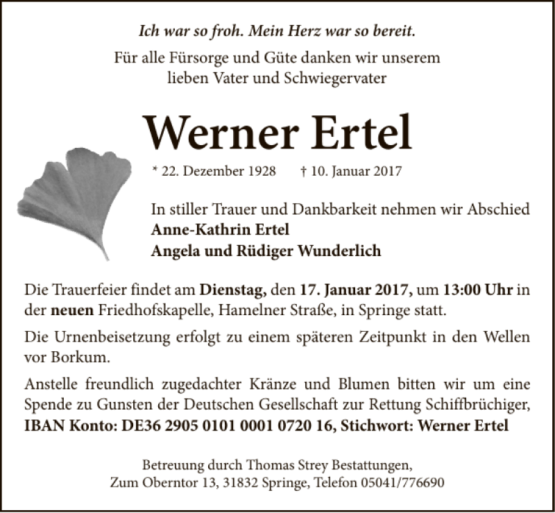 Traueranzeigen von Werner Ertel | Trauerportal Ihrer Tageszeitung