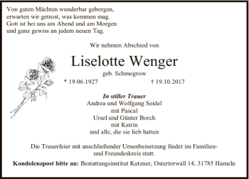 Traueranzeigen von Liselotte Wenger | Trauerportal Ihrer Tageszeitung