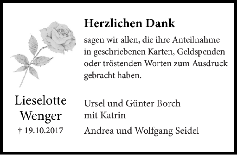 Traueranzeigen von TD Liselotte Wenger | Trauerportal Ihrer Tageszeitung