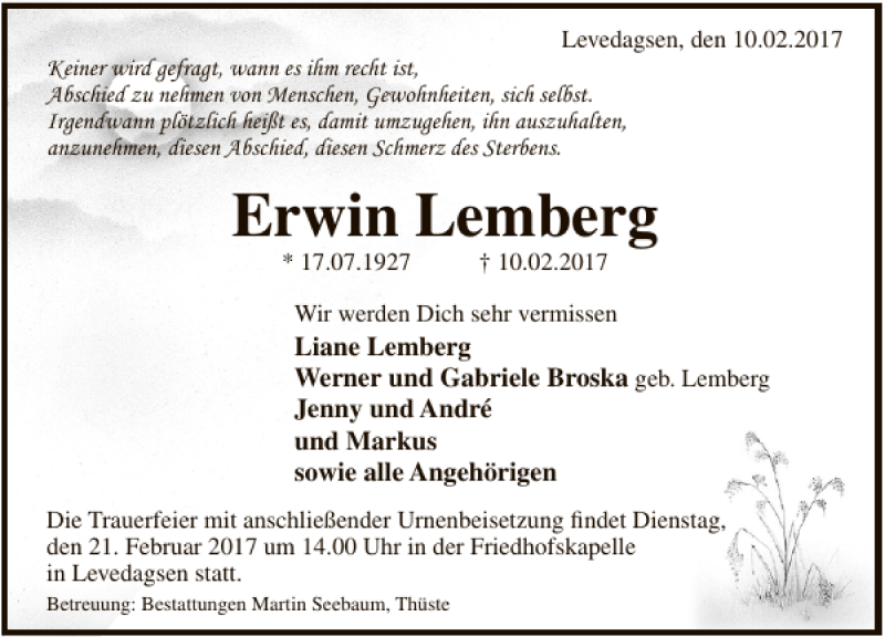 Traueranzeigen von Erwin Lemberg | Trauerportal Ihrer Tageszeitung