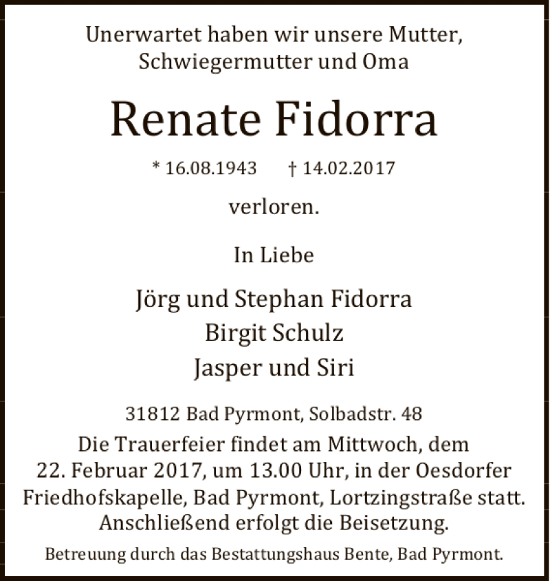 Traueranzeigen von Fidorra Trauer PDF | Trauerportal Ihrer Tageszeitung