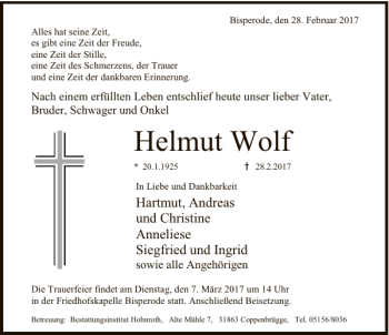 Traueranzeigen von Helmut Wolf | Trauerportal Ihrer Tageszeitung