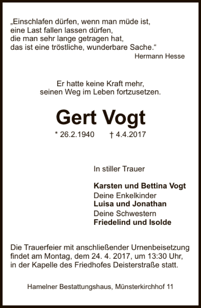 Traueranzeigen von Gert Vogt | Trauerportal Ihrer Tageszeitung