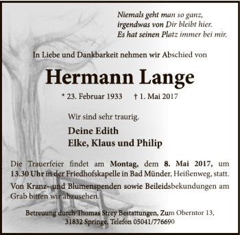 Traueranzeigen von Hermann Lange | Trauerportal Ihrer Tageszeitung