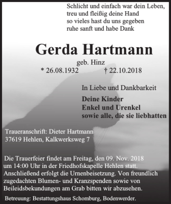 Traueranzeigen von Gerda Hartmann | Trauerportal Ihrer Tageszeitung