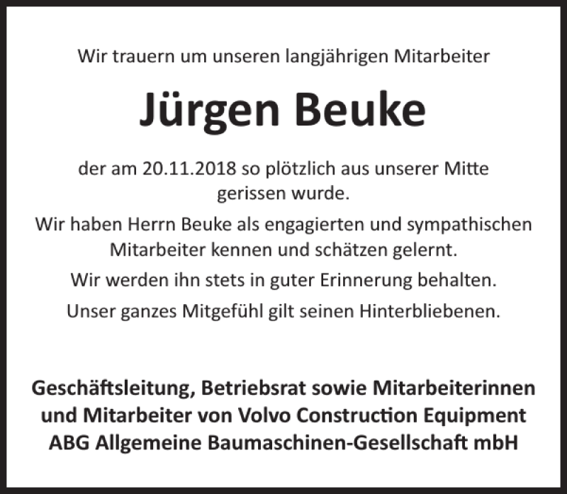 Traueranzeigen von Jürgen Beuke | Trauerportal Ihrer Tageszeitung