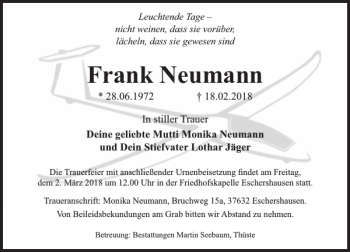 Traueranzeigen von Frank Neumann | Trauerportal Ihrer Tageszeitung