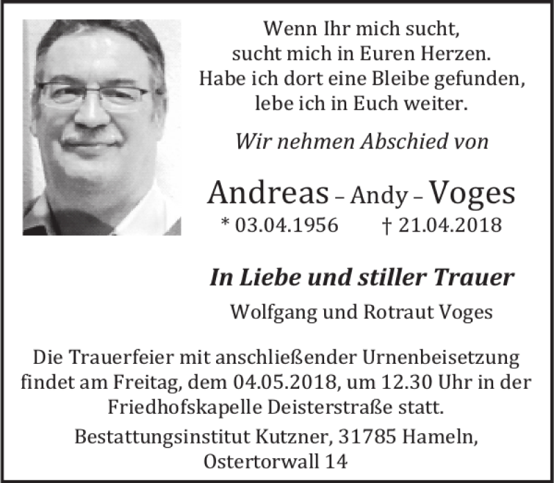 Traueranzeigen von Andreas Voges | Trauerportal Ihrer Tageszeitung
