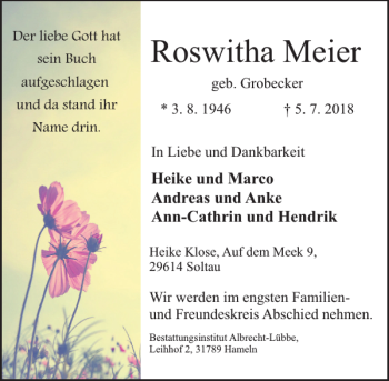 Traueranzeigen von Roswitha Meier | Trauerportal Ihrer Tageszeitung