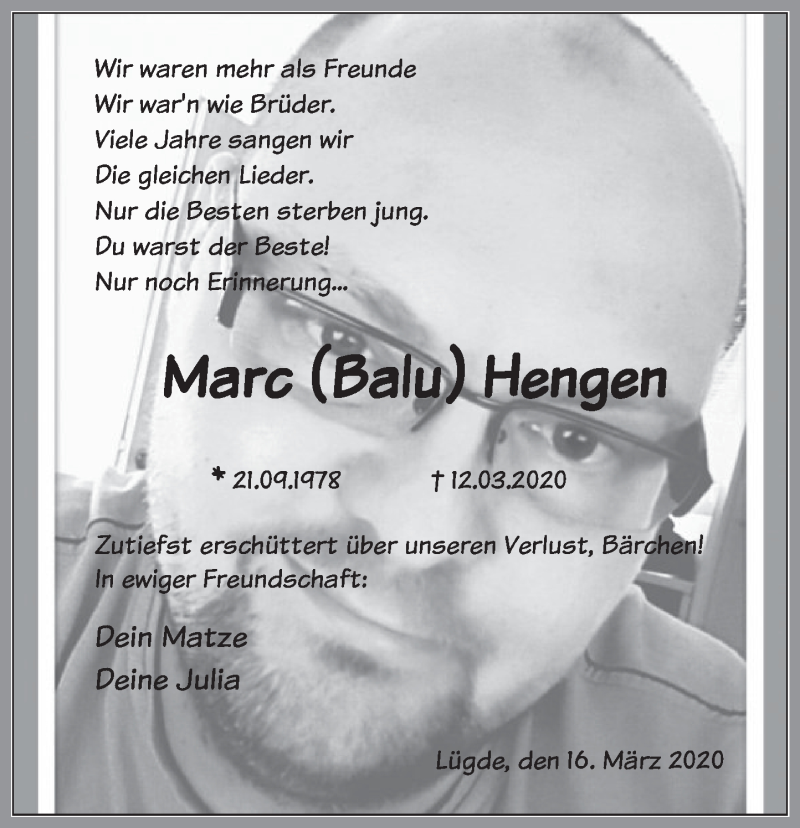 Traueranzeigen von Marc Hengen | Trauerportal Ihrer Tageszeitung