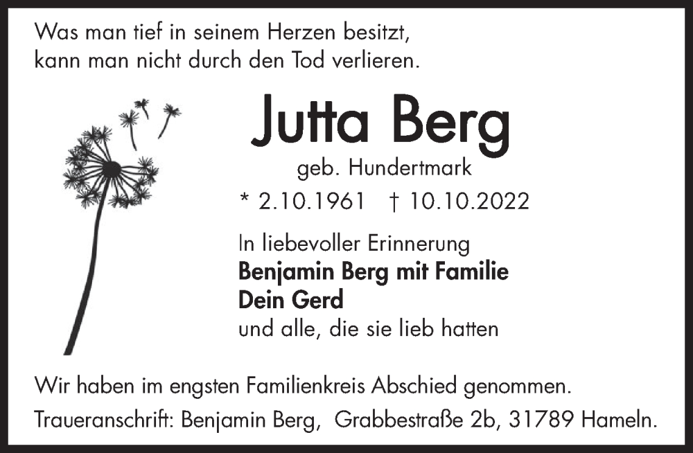 Traueranzeigen von Jutta Berg | Trauerportal Ihrer Tageszeitung