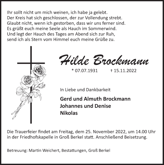 Traueranzeigen von Hilde Brockmann | Trauerportal Ihrer Tageszeitung