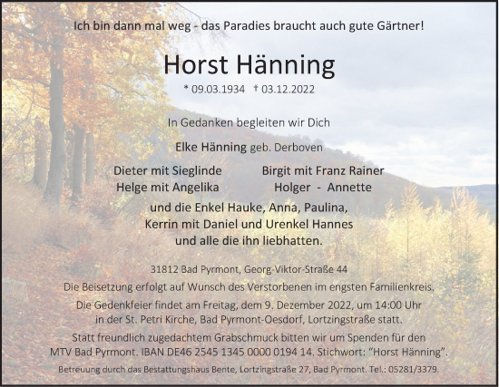 Traueranzeigen von Horst Hänning | Trauerportal Ihrer Tageszeitung