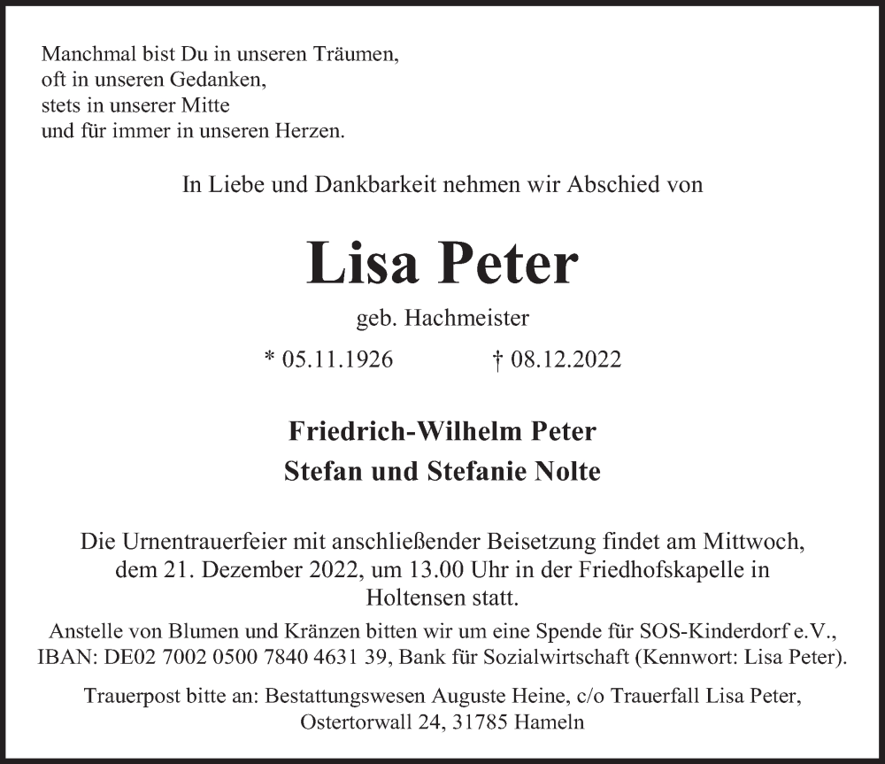 Traueranzeigen von Lisa Peter | Trauerportal Ihrer Tageszeitung