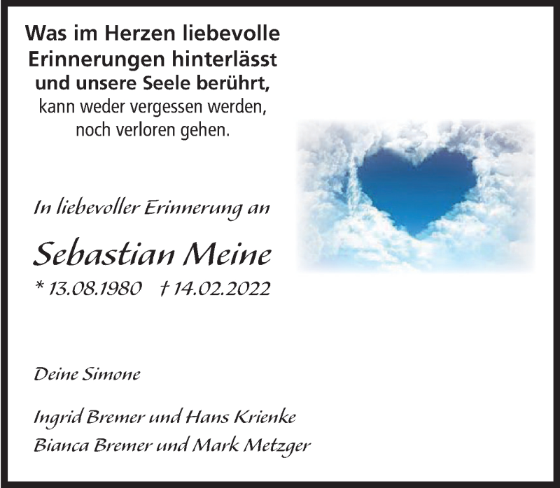 Traueranzeigen von Sebastian Meine | Trauerportal Ihrer Tageszeitung