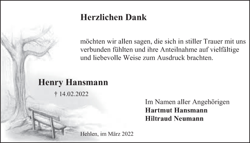 Traueranzeigen von Henry Hansmann | Trauerportal Ihrer Tageszeitung