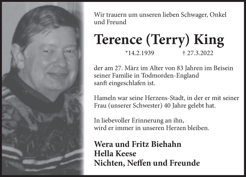 Traueranzeigen von Terence King | Trauerportal Ihrer Tageszeitung