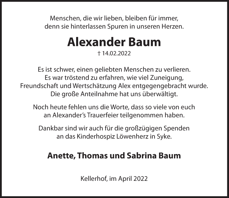 Traueranzeigen von Alexander Baum | Trauerportal Ihrer Tageszeitung
