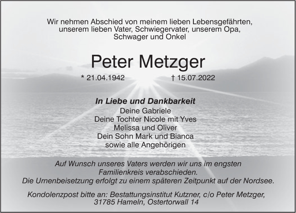 Traueranzeigen von Peter Metzger | Trauerportal Ihrer Tageszeitung