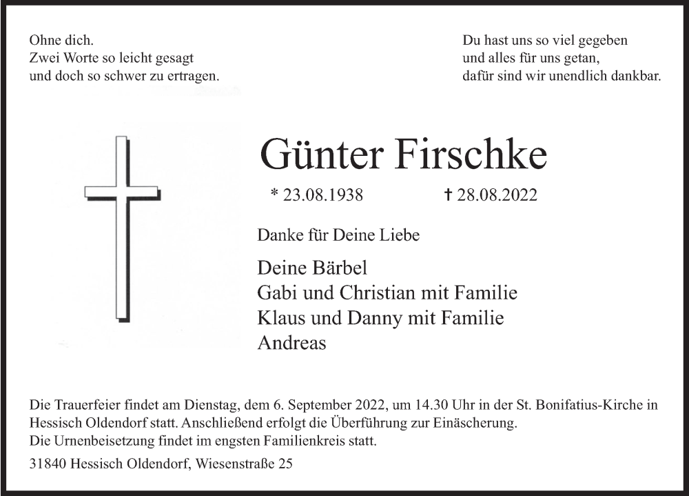 Traueranzeigen von Günter Firschke | Trauerportal Ihrer Tageszeitung