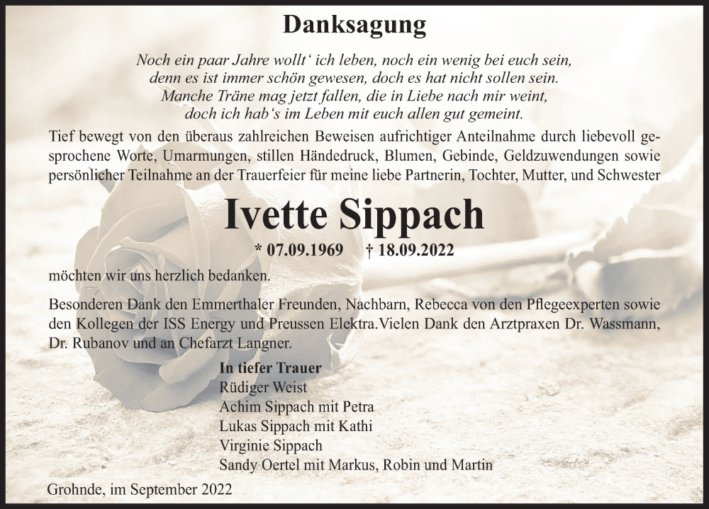 Traueranzeigen von Ivette Sippach | Trauerportal Ihrer Tageszeitung