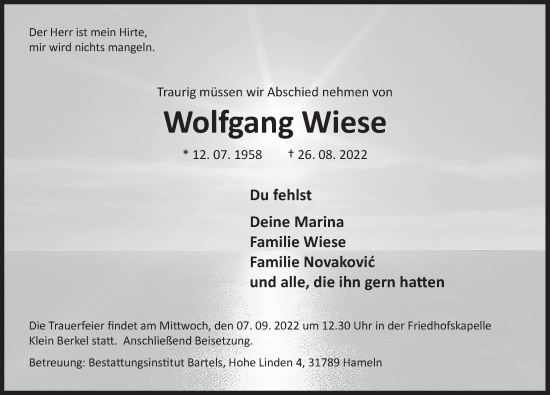 Traueranzeigen von Wolfgang Wiese | Trauerportal Ihrer Tageszeitung