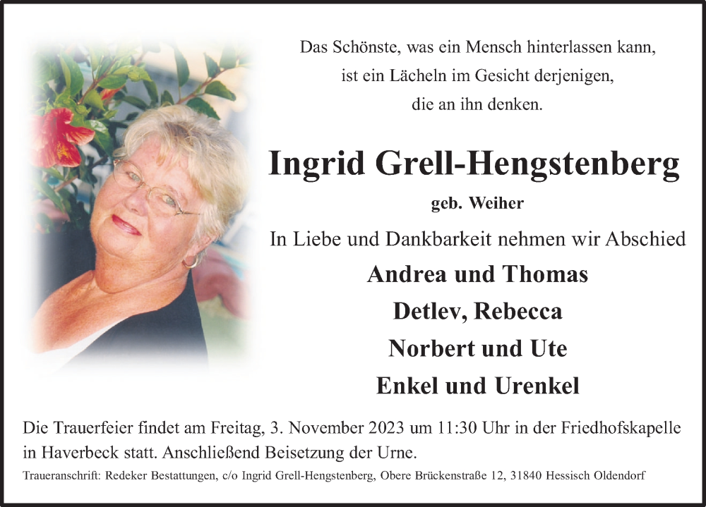 Traueranzeigen von Ingrid Grell-Hengstenberg | Trauerportal Ihrer ...