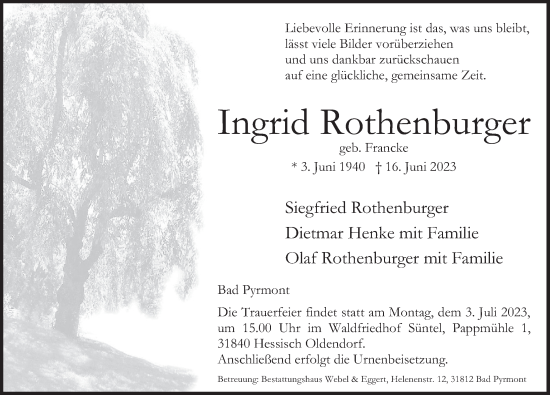 Traueranzeigen von Ingrid Rothenburger | Trauerportal Ihrer Tageszeitung