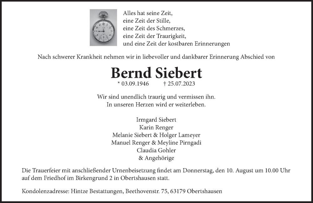 Traueranzeigen von Bernd Siebert | Trauerportal Ihrer Tageszeitung